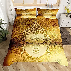 Erosebridal Golden Mandala Duvet Cover King Asian Culture Theme Decor Bedding Set 3 Pieces Exotic Retro Style Comforter Cover for Adult Women Teen Kids Ultra Soft Bedspread with Zipper Ties