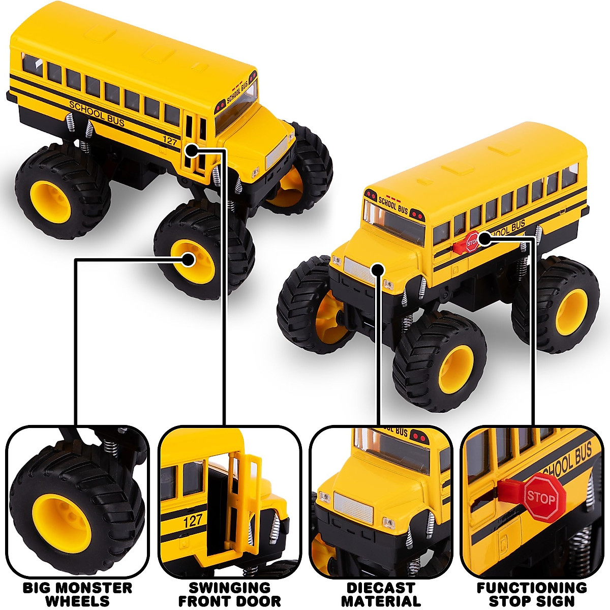 ArtCreativity 5 Inch Pull Back School Bus Toy Set - Set of 2 - Includes 5 Inch Monster-Wheel Bus, Diecast Bus Playset with Pull Back Mechanism, Great Gift Idea for Kids
