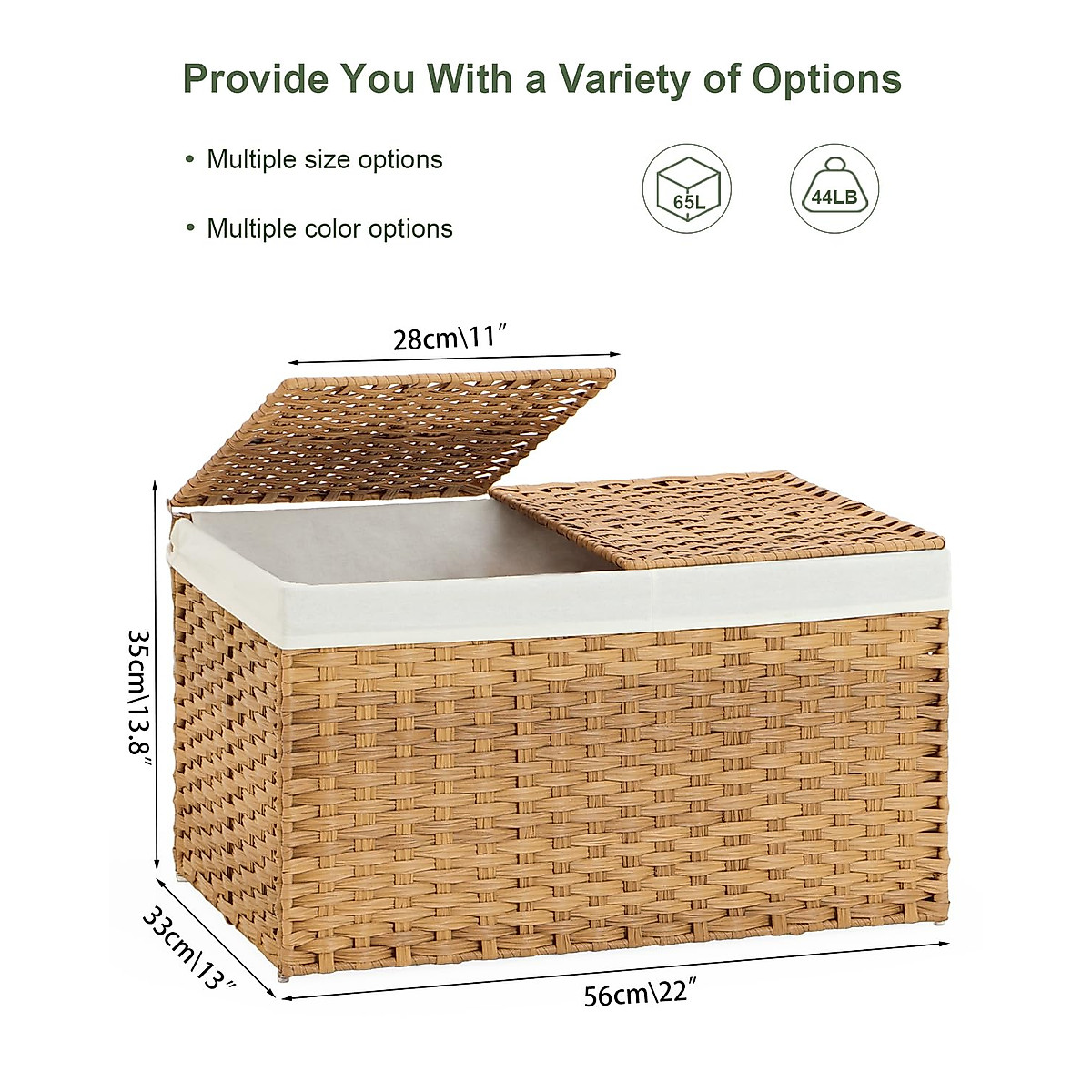 SETVSON Storage Basket with Lid Woven Storage Basket with 2 Separate Lid, 17.2 Gallon (65 L) Rattan Storage Basket Woven Storage Basket with Lid and Handles for Bedroom, Laundry Room Natural