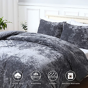 CAROMIO Velvet Duvet Cover Bedding Set Queen Size, Luxury Ultra Soft Velvet Comforter Cover 3 Pieces (1 Duvet Cover + 2 Pillow Shams, Grey)
