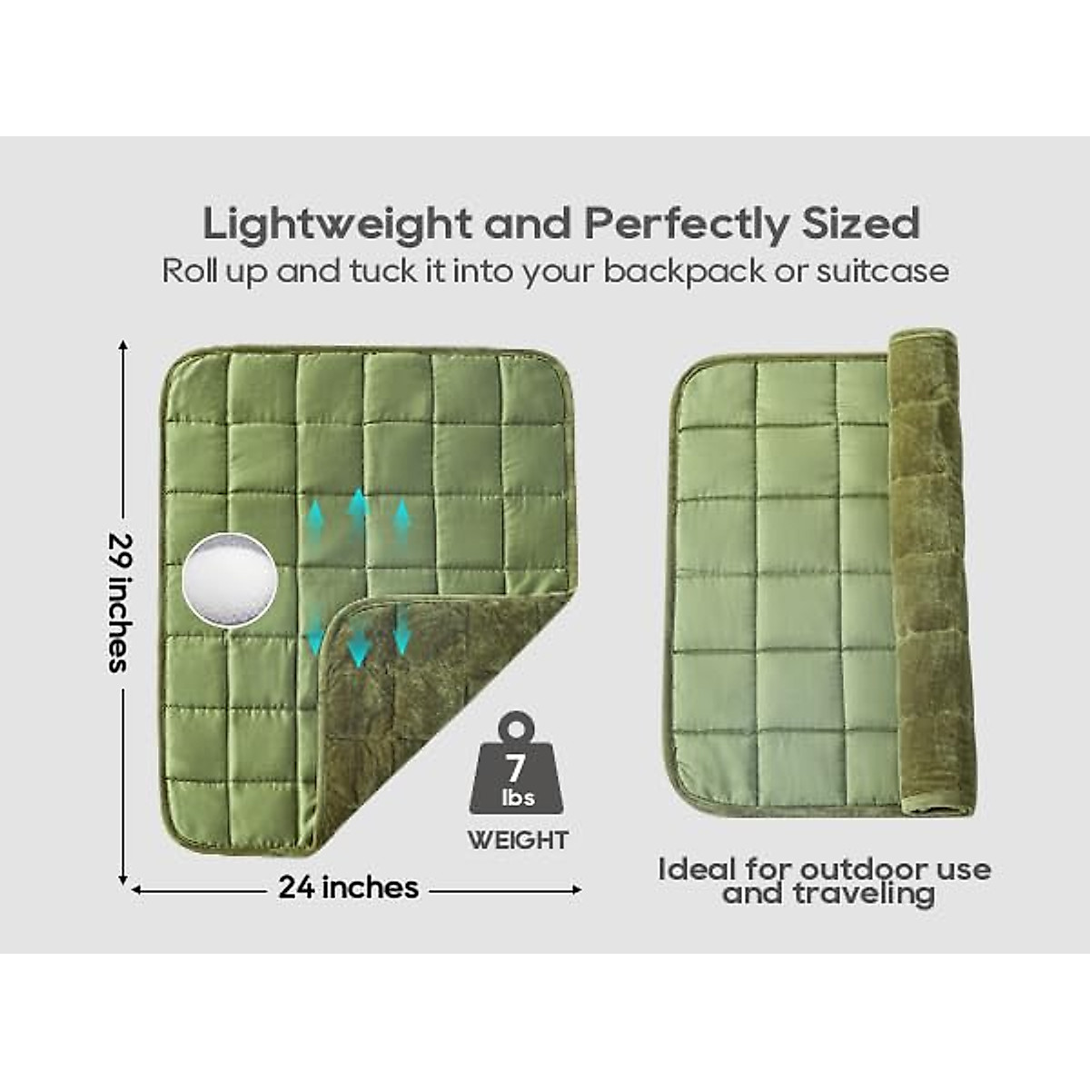 Small Weighted Blanket for Adults and Kids(Double-sided),Weighted Lap Pad 7lbs Throw for Travel,Calming,Relaxation-Reversible Warm Crystal Velvet and Cooling Tencel,Machine Washable,Green 29x24 inches