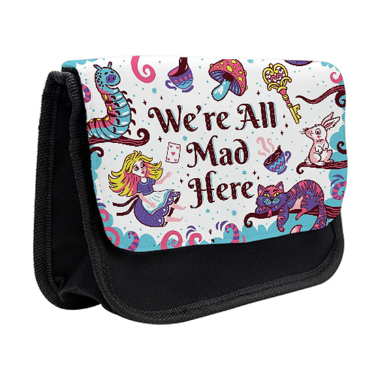 Ambesonne Fantasy Pencil Case, Alice in Wonderland, Fabric Pen Pencil Bag with Double Zipper, 8.5" x 5.5", Multicolor