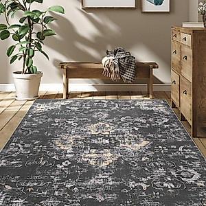 JOLENE.K Area Rug 8x10 Washable Rugs for Living Room Distressed Vintage Rug for Bedroom Tribal Medallion Office Rug Low Pile Neutral Soft Nursery Rug Non Slip Farmhouse Floor Cover Black
