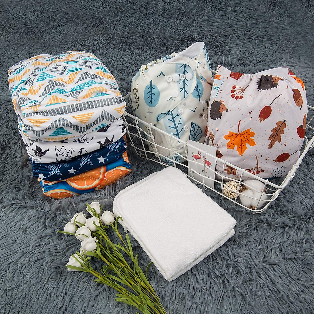Babygoal Baby Reusable Neutral Cloth Diapers 6 Pack with 10pcs Inserts, One Size Adjustable Washable Pocket Nappy Covers for Baby Boys and Girls 6FN05