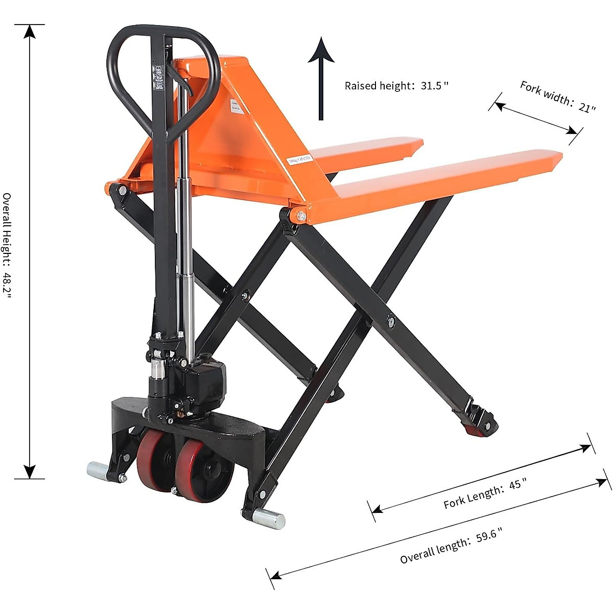 Tory Carrier High Lift Pallet Jack Scissor Hand Truck 45 ''Lx21 ''W Fork Size 2200lbs Capacity Manual Lift Trucks 31.5" Lifting Height for Open Bottom Pallets
