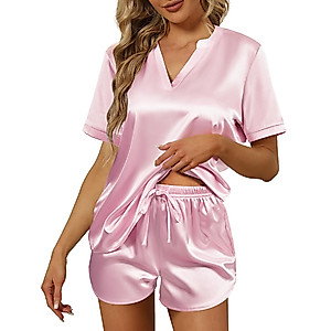 Ekouaer Silk Pajamas for Women Short Sleeve Sleepwear Two-piece Pjs Set Soft V Neck Loungewear Tops with Pj Shorts Pink XX-Large