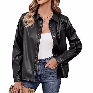 luvamia Faux Leather Jackets for Women Long Sleeves Vegan Leather Shackets Jacket Side Pockets Trendy Moto Biker Coat Womens Fall Jackets for Women 2023 Black Jacket Women Dressy Black Size Large