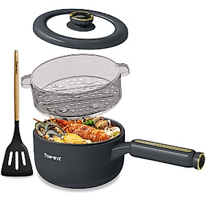 TOPWIT Hot Pot Electric with Steamer, 2L Multifunctional Electric Pot, Non-Stick Fring Pan, Portable Pot for Steak, Fried Rice, Ramen, Soup with Dual Power Control (Silicone Spatula Included), Grey