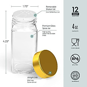 Tafts SQUARE Glass Spice Jars & Bottles l 33% Thicker - 12 Pcs Glass Spice - 3 oz or 4oz Empty Glass Spice Seasoning Containers l Shaker Lids and Airtight Caps l Aluminum Finish (Square, Gold)