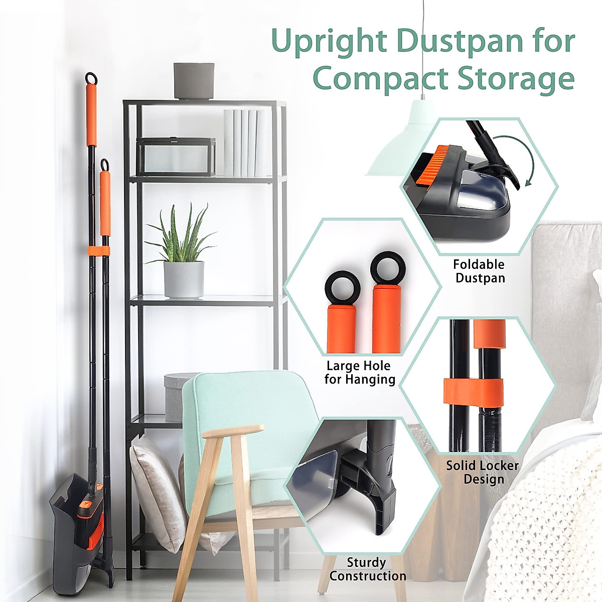 Broom and Dustpan Set, JEHONN Long Handle Lightweight Broom Set Upright Standing Dustpan Stand Up Sweep Set for Home Room Kitchen Office Lobby