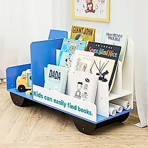 Fantasy Fields Toddler Storage Kids Bookcase 3-Tier Truck Display Bookshelf, Blue and White