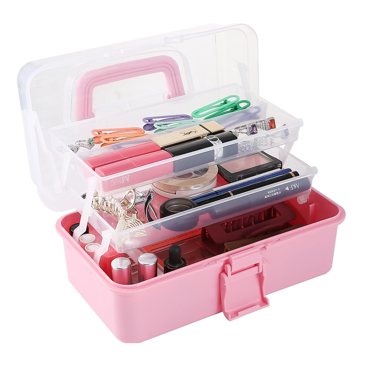 Flower River 11(in) Versatile Three-Layer Folding Organizer Box,Ideal for Art & Crafts,Toys,Sewing Supplies,Jewelry and Tools,Storage with Dual Trays,Elegant Pink