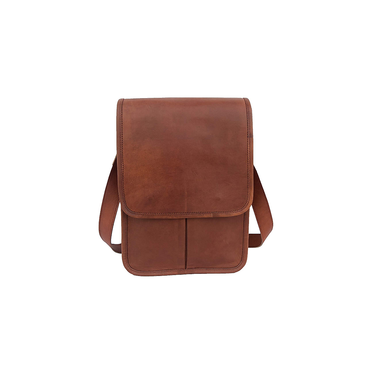 Genuine Vintage Leather Crossbody Messenger Bag, Slim Vertical Messenger Bag Fits 13 Inch Laptop, Unisex Shoulder Bag with Adjustable Straps and Brass Accessories, Brown