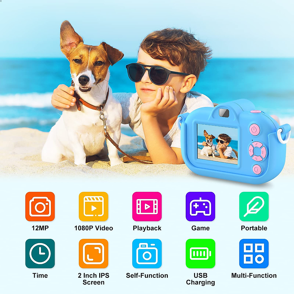 WEDNKOLY Upgrade Selfie Kids Camera, Christmas Birthday Gifts for Boys Girls Age 3-9, HD Kids Digital Video Camera for Toddler Portable Toy for 3 4 5 6 7 8 Years Old Girl - Blue