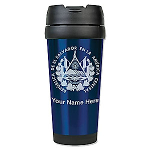 LaserGram 16oz Coffee Travel Mug, Flag of El Salvador, Personalized Engraving Included (Dark Blue)