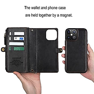 DKDKSIP for iPhone 14 Pro Max Wallet Case for Women, Support Wireless Charging with RFID Blocking Card Holder, Leather Zipper 2 in 1 Detachable Magnetic Phone Case with Crossbody Strap Wristlet, Black