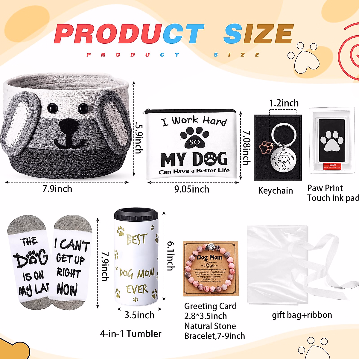 Zopeal 7 Pcs Dog Mom Dog Lover Gifts for Women Puppy Gift Basket with 16 oz 4 in 1 Tumbler Socks Makeup Bag Natural Stone Paw Bracelets Ink Pad Keychain for Mother's Day Birthday Party Gifts