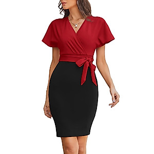 Plus Size Pencil Dress for Women 1950's Vintage Stretchy Work Casual Bodycon Sheath Dress Red Black 3XL