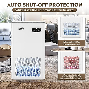 Dehumidifier, ToLife Dehumidifiers for Room, 95 OZ Water Tank, (950 sq.ft) Dehumidifiers for Basement Home Bathroom Bedroom with Auto Shut Off, 7 Colors LED Light, White