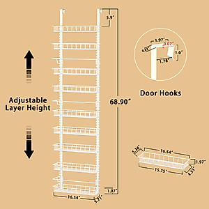 Churboro Over the Door Pantry Organizer Rack with 9 Adjustable Baskets, 9 Tiers Dual-use Hanging or Wall Mount Spice Rack Organizer, White