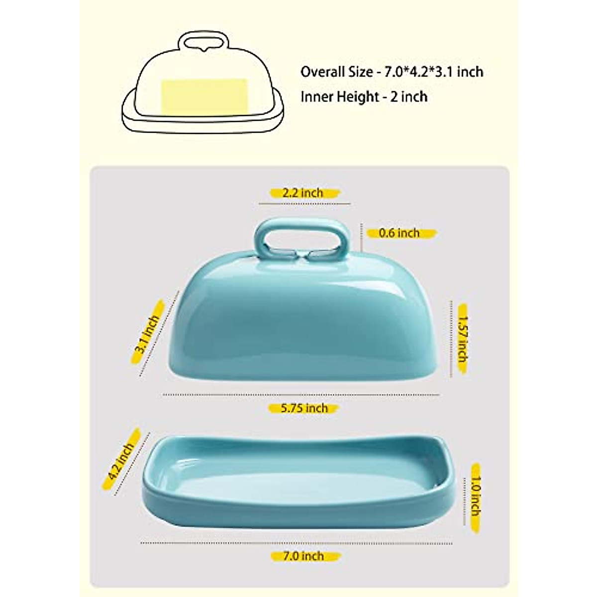 Better Butter Porcelain Butter Dish, Butter Dish with Lid, Butter Keeper - Hold 4oz East/West Coast Butter Stick and 8oz Kerrygold Butter - Easy to Grip, Turquoise