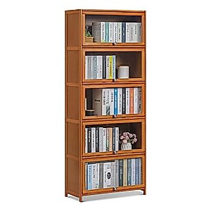 MoNiBloom 5 Tier Book Cabinet with Acrylic Doors, Bamboo Display Shelf Organizer Stand for Children's Student, Living Room, Home, Office, Brown