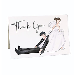 Iconikal Funny Wedding Thank You Note Greeting Cards with Envelopes, Bride Dragging Groom, 30-Count