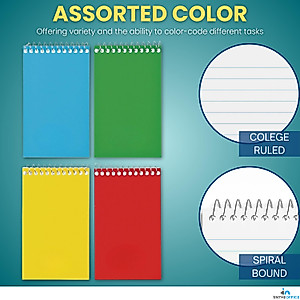 1InTheOffice Wirebound Spiral Memo Books, Memo Pads, 3" x 5", College Ruled, Small Notepad 3x5, Assorted, 75 Sheets/Pad, 5 Pads/Pack (5)