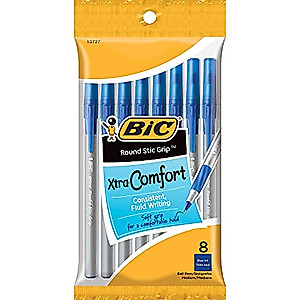 BIC Round Stic Grip Xtra Comfort Ballpoint Pen, Medium Point (1.2mm), Blue, 8-Count
