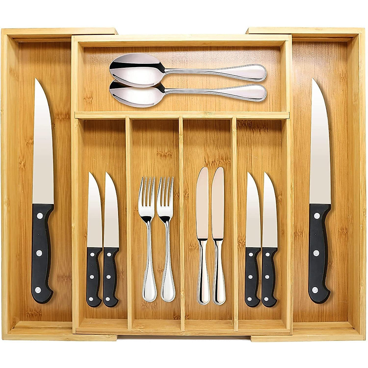 Diosbles 6 Pack Bamboo Drawer Dividers Expandable(2.36" High, 13.86"-18.98") and Bamboo Expandable Silverware Organizer