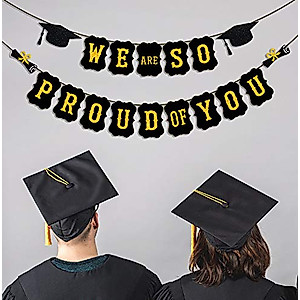 PTFNY We Are So Proud Of You Banner Black Gold Glittery Graduation Bunting Banner Garland with Graduation Cap and Diploma Signs for 2022 Graduation Party Decorations High School College Grad Party Supplies