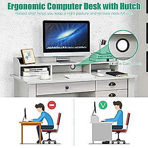 GLOBALWAY 2 Tier Shelves, Study and Writing Three Side, Laptop Table with a Smooth Slide-Out Long Drawer, for Home &Office Computer Desk, White