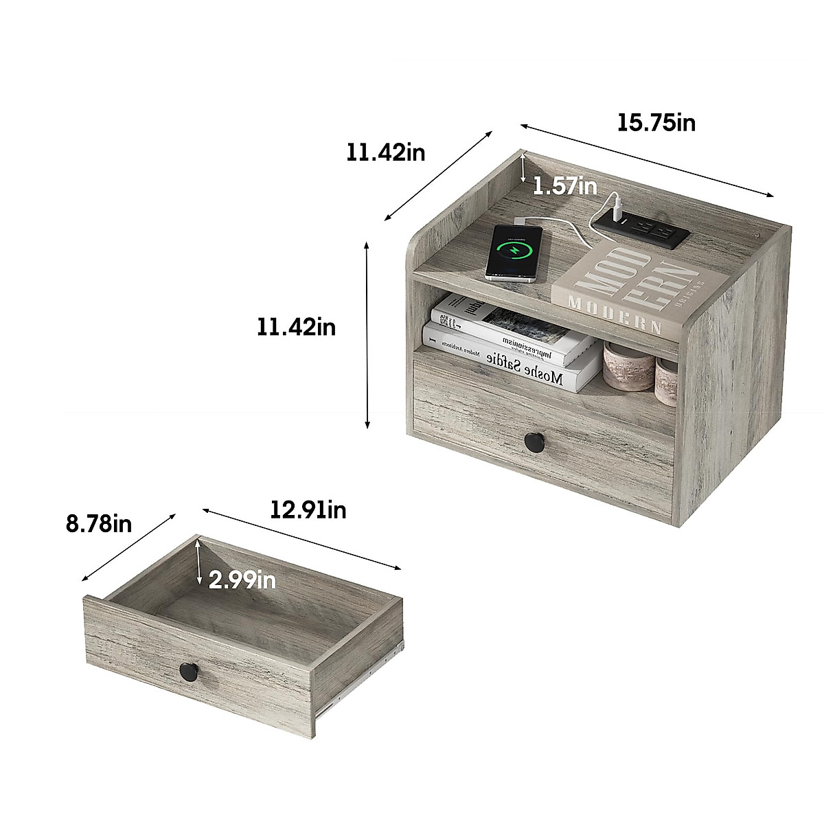 Grey Floating Nightstand Set of 2 with Charging Station and Drawer Small Bedside End Table with Outlet Modern Floating Night Stand for Bedroom Wood Wall Mounted Nightstands Set 2 Grey