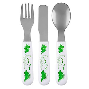 Brinware Toddler Utensils Kids Silverware Set - Fork Spoon and Knife Cutlery Set (6 Pack) Stainless Steel Flatware - Self Feed Baby Utensils - Dino/Shark