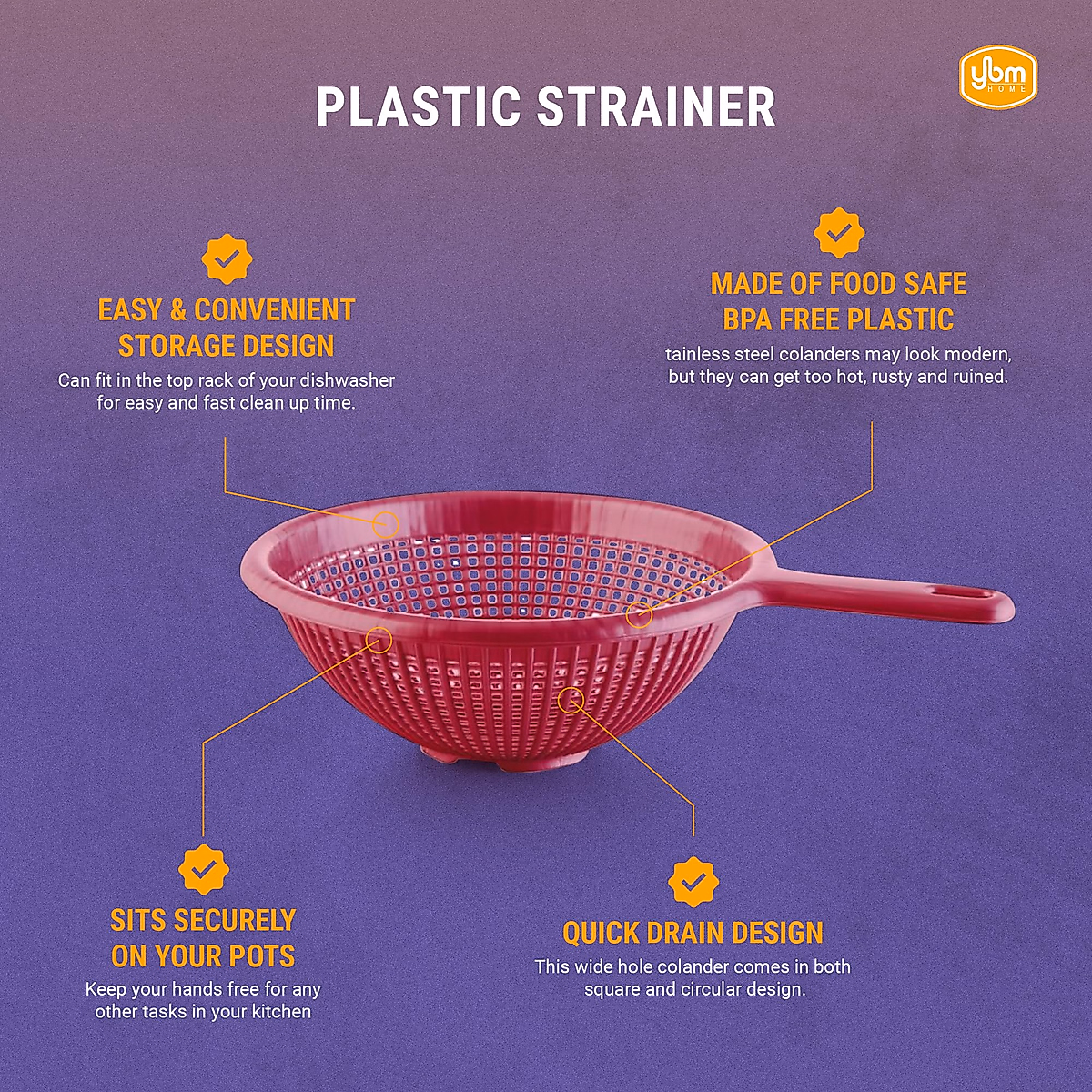 YBM Home 8.5 Inch Deep Plastic Strainer Colander with Long Handle – Made of Food Safe BPA-Free Plastic - Durable and Dishwasher Safe - Use for Pasta, Noodles, Spaghetti, Vegetables and More (1, White)