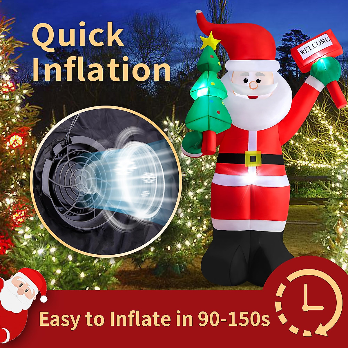 6FT Christmas Inflatables Santa Claus with Welcome Sign and Tree, Outdoor Christmas Holiday Decorations Clearance Blow Up Santa with Built-in 4 LED Lights for Home Party Yard Lawn, Housen Solutions