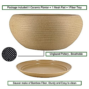 MUZHI 10” Round Large Ceramic Bonsai Bowl Planter，Clay Succulent Plant Pot Container with Saucer