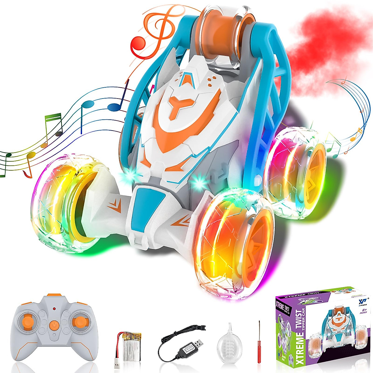 YUAN PLAN Remote Control Car for Kids, RC Stunt Car 360°Rolling Twister RC Mini Car 2.4GHz 4WD Racing Car with Colorful Lights & Music Switch and Spray Flips Rotating Car Toy for Boys Girls