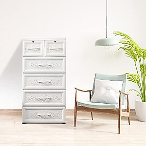 Five-Shelf Freestanding Storage Cabinet, Plastic Dresser with 6 Drawers, Tower Closet Organizer on Wheels, for Bedroom, Apartments, Dorm Rooms