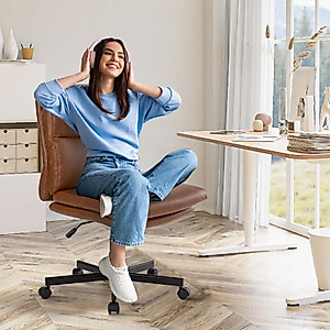 LUCKWIND Armless Office Desk Chair with Wheels, Mid-Back Criss Cross Swivel Task Chair, Height Adjustable Cushioned Vanity Chair, Double Padded PU-Leather Chairs for Home, Office & Bedroom (Brown)