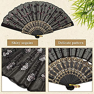 2 Pieces of Sequin Fabric Folding Fans Embroidered Flower Lace Trim Peacock Fan Fabric Plastic Folding Handheld Fan for Women Hand Craft (Red, Black)