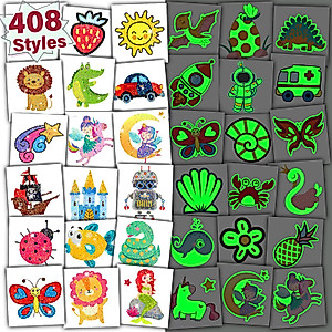 Partywind 408 PCS Temporary Tattoos for Kids, Glow and Glitter Fake Tattoo Stickers for Boys Girls Party Supplies Favors, Cute Goodie Bag Stuffers Gifts for Children (Individually Wrapped Sheet)