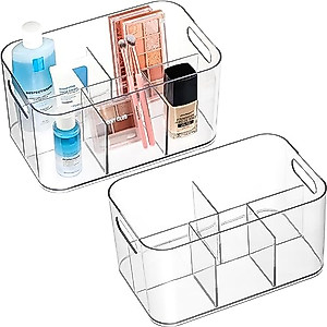 5-Compartment Clear Plastic Bin - Divided Cosmetic Makeup Caddy Organizer - Multiuse Storage Container for Vanity, Bathroom, Kitchen, Pantry, Office, Craft, Utensil, Shower, Cleaning Items, (1 Pack)