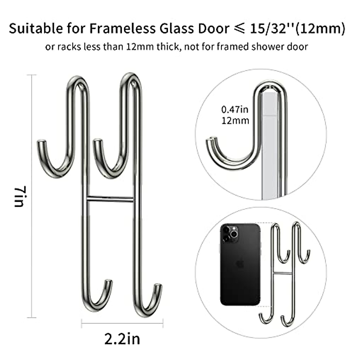Over Shower Glass Door Hook, 2 Pack Silver 304 Stainless Steel Extended Shower Door Hooks, Bathroom Frameless Drilling-Free Hanger, Double Side Towel Hooks, for Bathing Suits, Robe, Loofah, Shaver