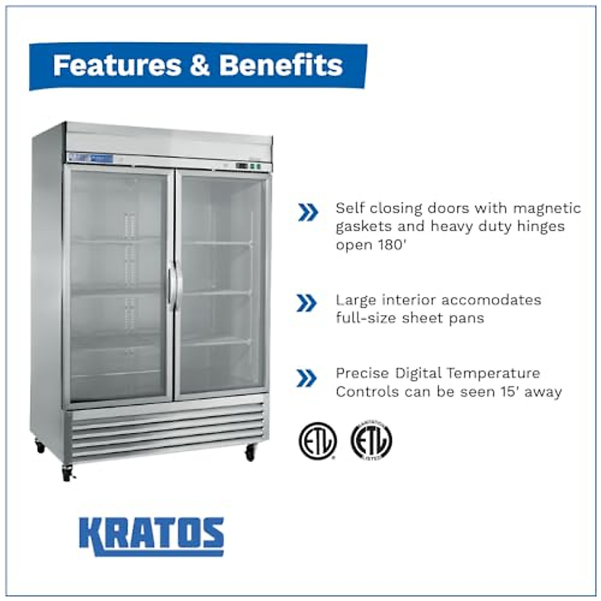 Kratos Commercial Refrigerator - 2 Glass Door Reach-in Dispaly Refrigerator, 54" W, 49 Cu Ft (69K-761)