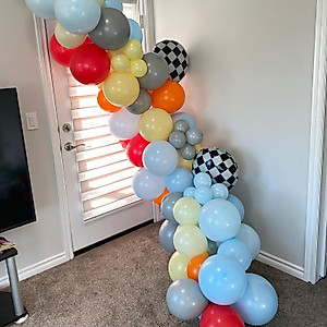 Race Car Balloon Garland Arch Kit, Blue Yellow Grey White Coral Red Latex Balloons,Racing Car Party Supplies,Checkered Balloons for Racing Car Theme Party Birthday Decorations