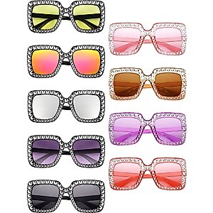 9 Pairs Rhinestone Oversized Square Sunglasses for Women Sparkling Bling Sunglasses Crystal Square Sunglasses Rhinestone Frame Glasses for Women Girls (Vibrant Color)