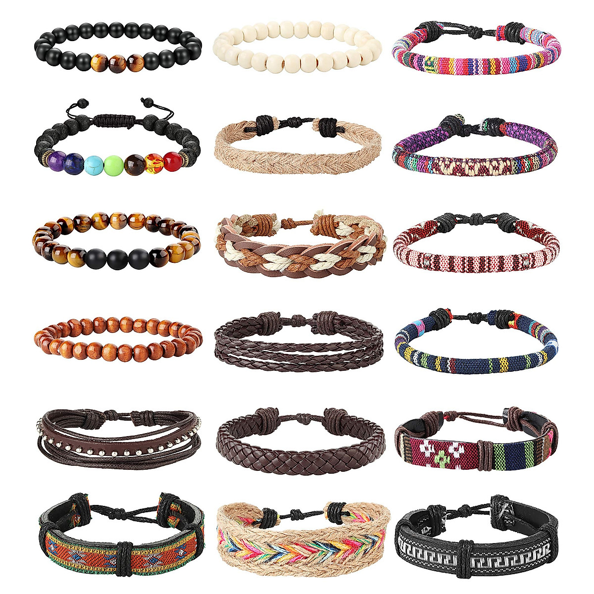 LOLIAS 18Pcs Leather Chakra Bead Tribal Bracelet for Men Women Charm Ethnic Wood Beaded Hemp Bracelets Boho Wristbands