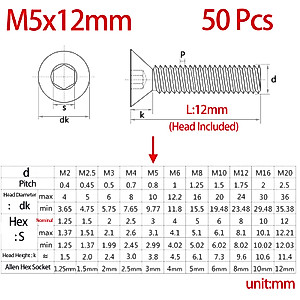 M5-0.8 x 12mm Flat Head Socket Cap Screws Bolts, Stainless Steel 18-8 (304), Bright Finish, Allen Socket Drive,Machine Screws Inner Hex Screw Fasteners Bolts 50 Pcs