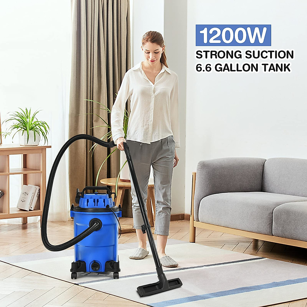 COSTWAY 3-in-1 Wet/Dry Vacuum Cleaner with Blower Function, 6.6 Gallon 4.8 Peak HP Vacuum with Safety Protection, Portable Shop Vacuum Cleaner for Workshop, Car, Garage, Home, 1200W (Blue)
